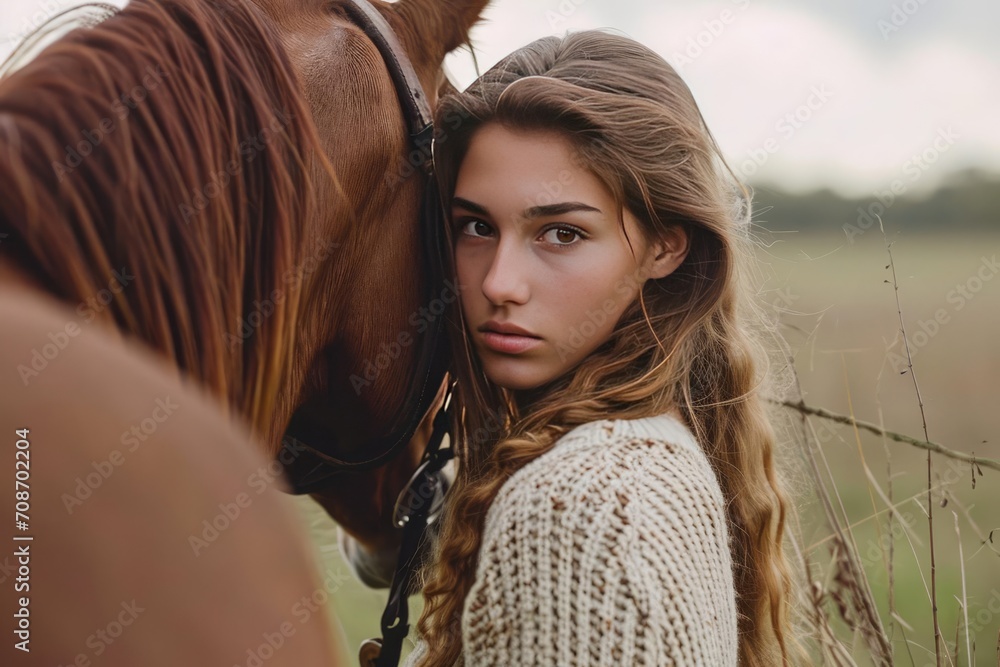 Equestrian model with a horse In a countryside setting Stock Photo ...