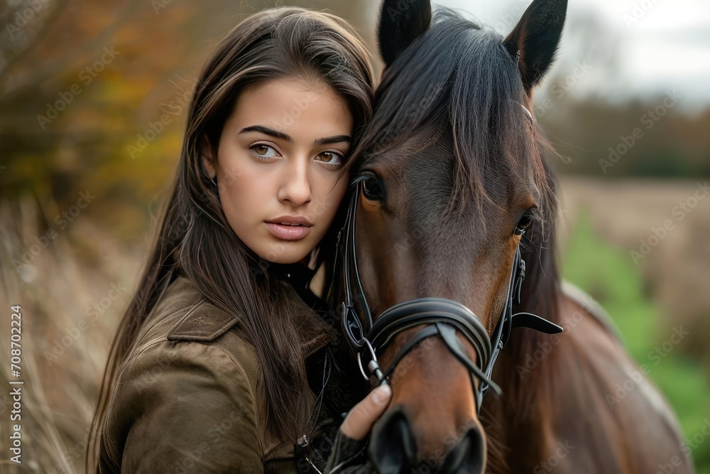 Equestrian model with a horse In a countryside setting Stock Photo ...