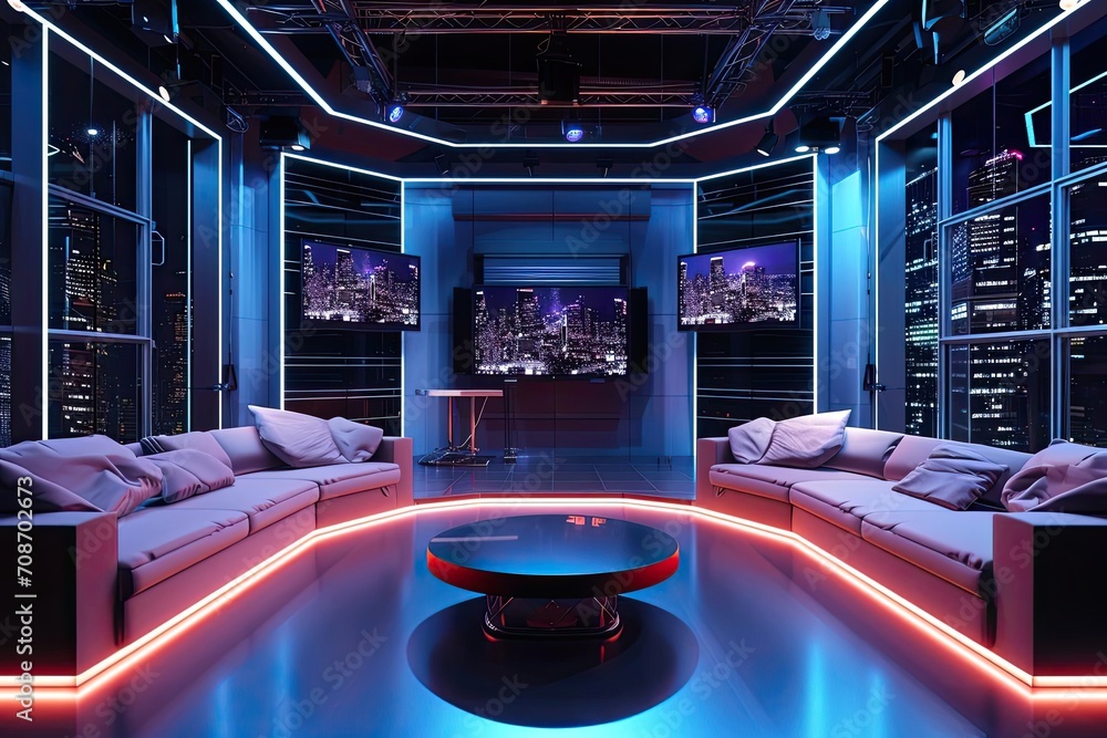 Model as a charismatic talk show host Stylish tv studio set Stock Photo ...