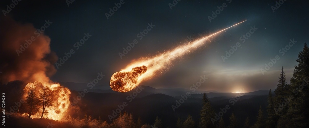 Burning meteorite or asteroid rapidly crossing the dark sky, with a ...