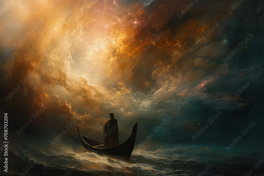 Jesus in a heavenly boat Navigating through celestial waters Stock ...