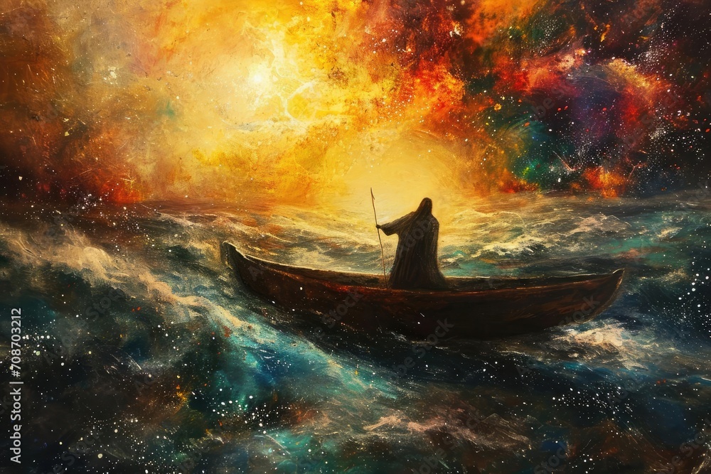 Jesus in a heavenly boat Navigating through celestial waters Stock ...