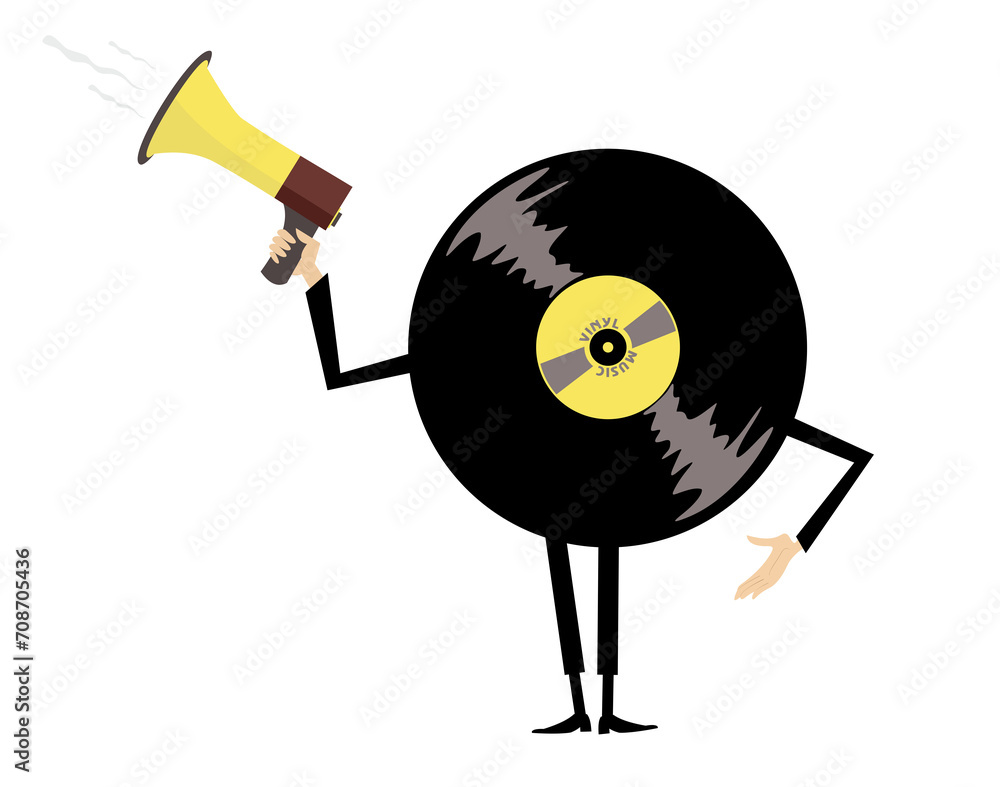 Cartoon long playing record holding megaphone. Retro record player ...