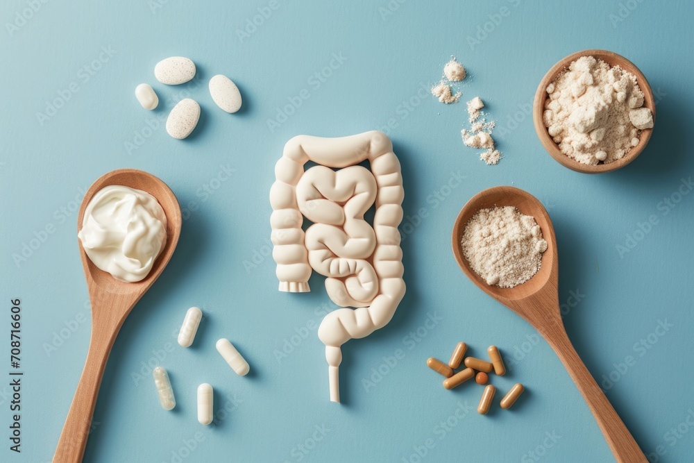 Stylized intestine model on blue backdrop signifies digestive health ...