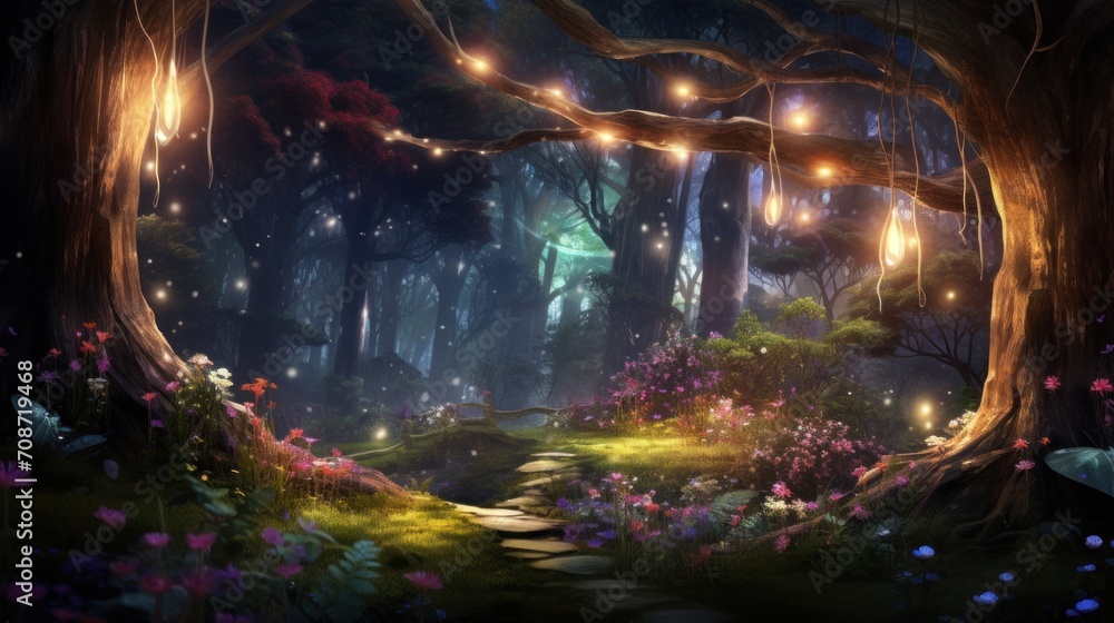 Enchanted forest scene with mystical lights and lush greenery. Fantasy ...