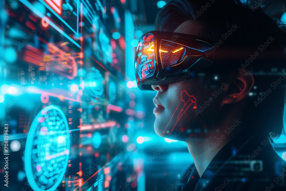 A hacker looking at a holographic dashboard with alarms blaring and ...