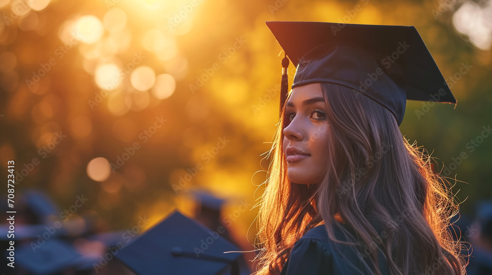 Graduation day, back view of Asian woman with graduation cap and coat ...