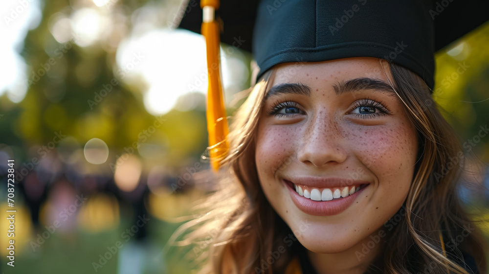 Graduation day, back view of Asian woman with graduation cap and coat ...