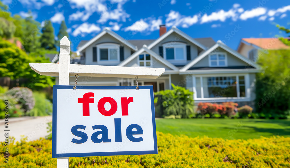 for sale sign at house background. House for sale. Country estate. Sale ...