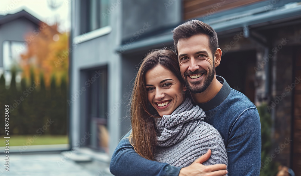 pareja de jovenes enamorados abrazados y sonrientes, sobre fondo ...