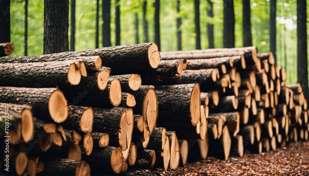 Lumber in the forest, stacked cut wooden logs, logging and harvesting ...