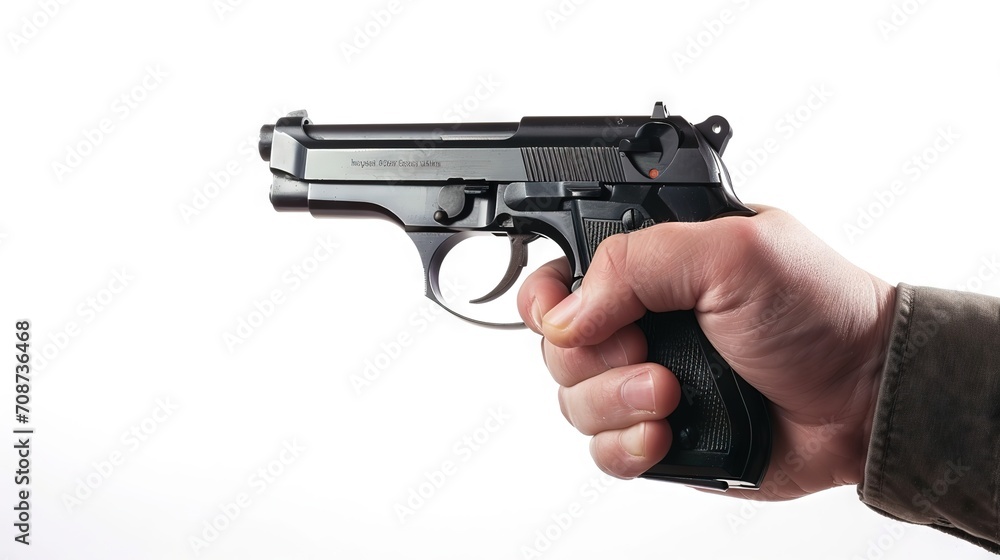 A person's hand is gripping a black semi-automatic pistol, which is ...