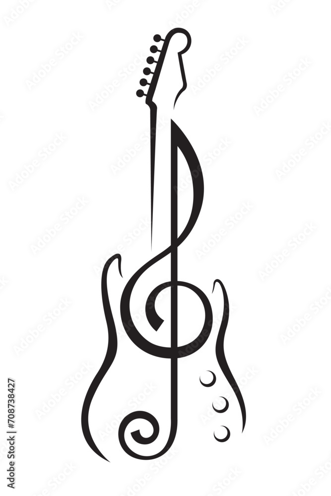 emblem of electric guitar with treble clef isolated on white background ...