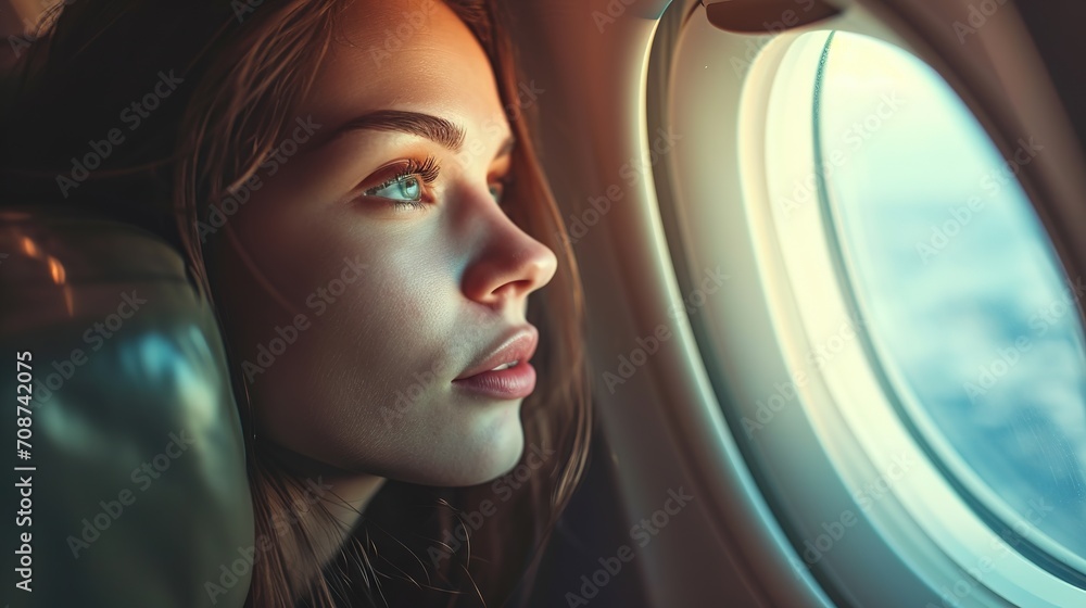 A young woman gazes pensively through the circular window of an ...