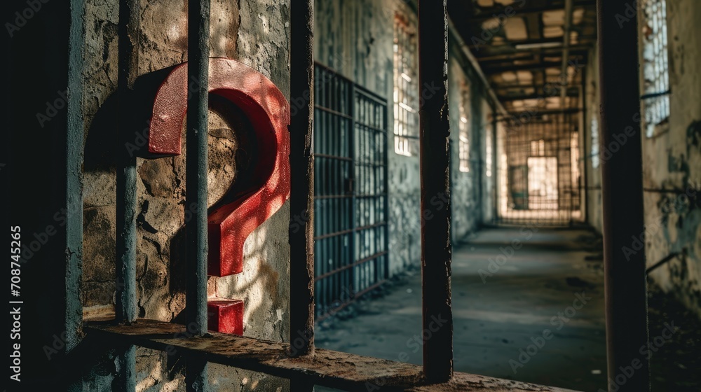 Big red question mark sit in solitary confinement in a prison behind ...
