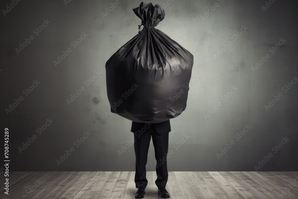 Black garbage bag with legs in a business suit. Low self-esteem ...