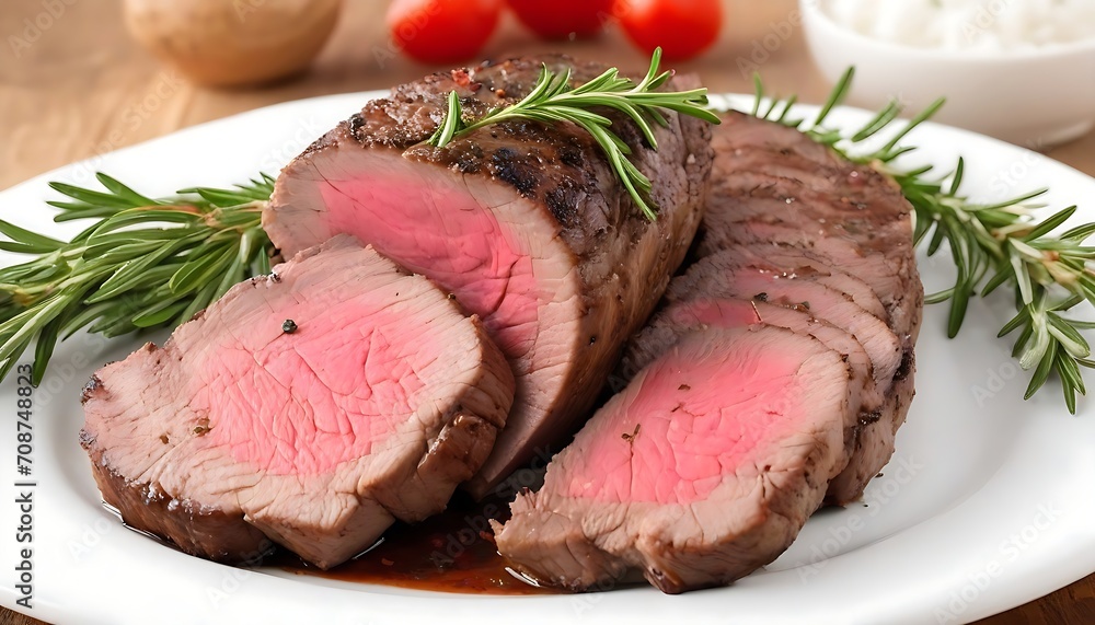 Succulent roasted beef tenderloin steak with rosemary and coarse pepper ...