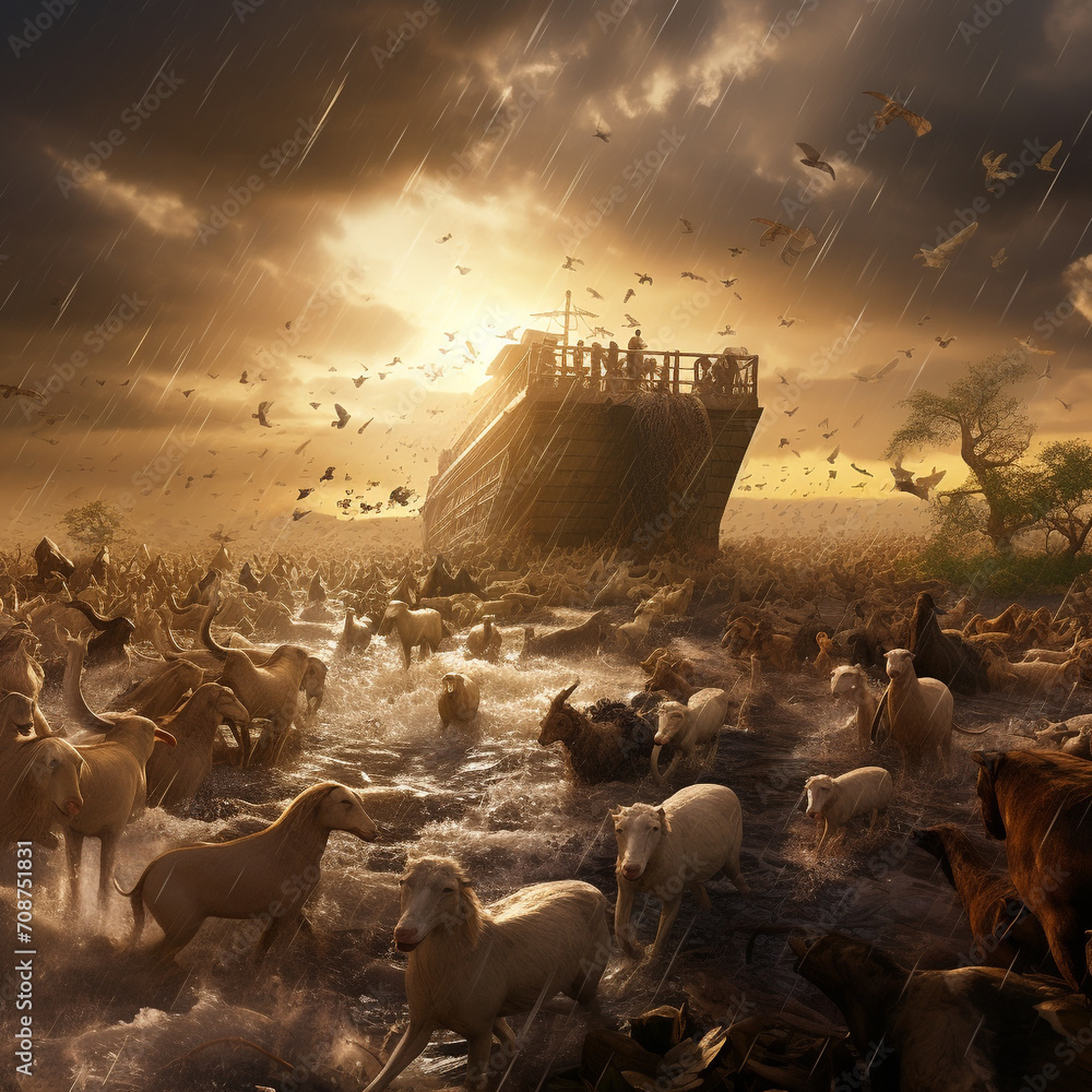 Noah's Ark, animals in the storm, bad weather, rain, sea, boat flood ...
