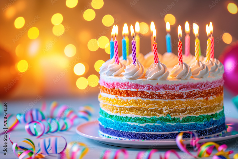 Rainbow cake with whipped cream top. Birthday cake with multicolored ...