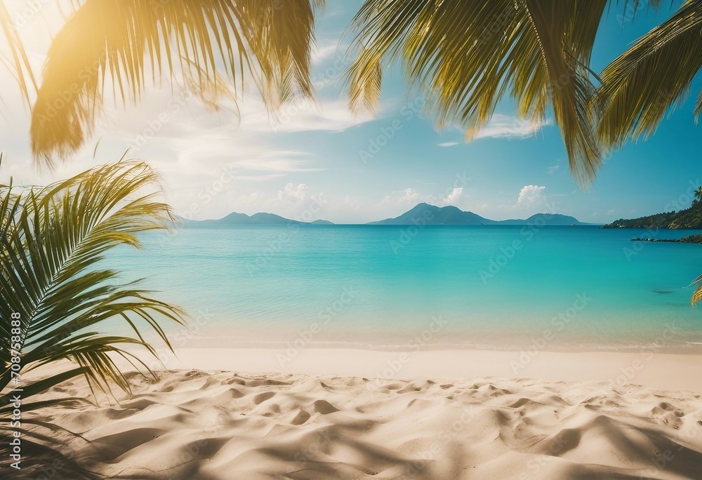 Summer landscape nature of tropical golden beach and leaf palm soft ...