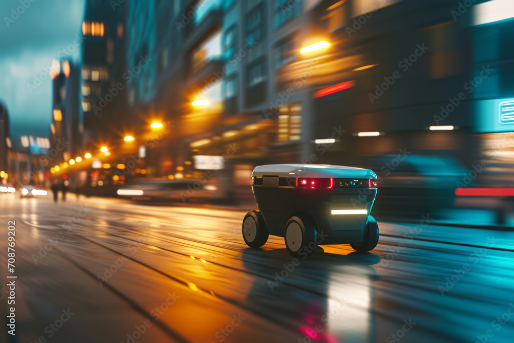 Modern automated food delivery robot riding on city street. Autonomous ...