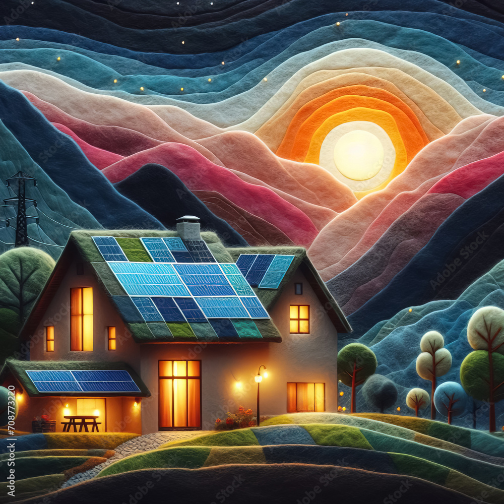 felt art patchwork, Modern house with solar panels on the roof in ...