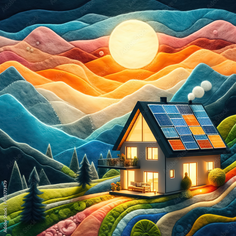 felt art patchwork, Modern house with solar panels on the roof in ...