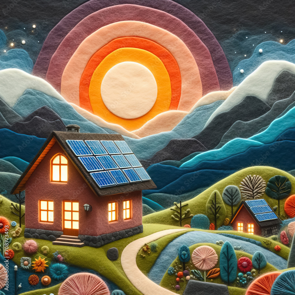 felt art patchwork, Modern house with solar panels on the roof in ...