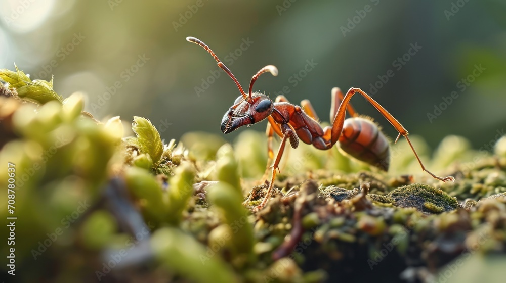 a close up of an ant ant on a mossy surface with sunlight shining on ...