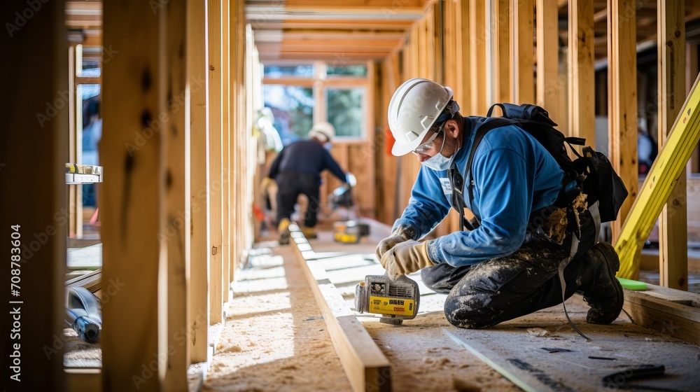 Phased installation of wooden house frame with workers and partition ...