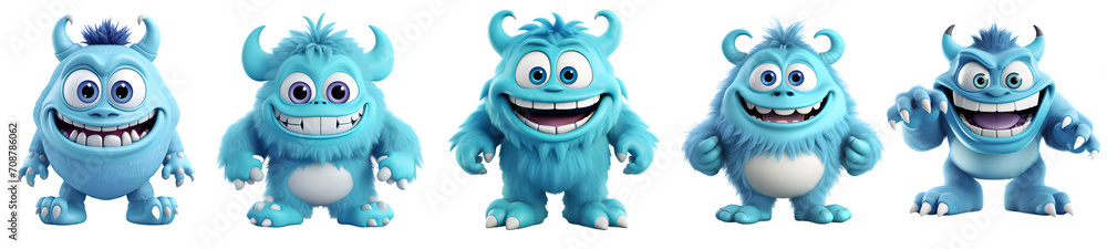 Cute blue monsters collection, cartoon style. On Transparent background ...