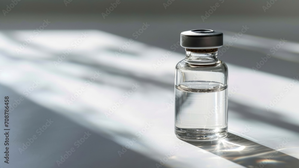Poster Transparent glass vial with clear liquid on a shadowed surface ...