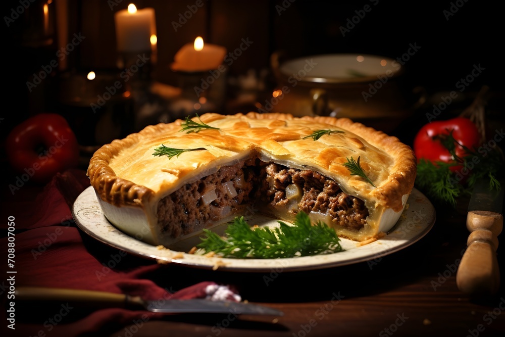 Tourtière, a savory meat pie filled with spiced minced pork or a blend ...