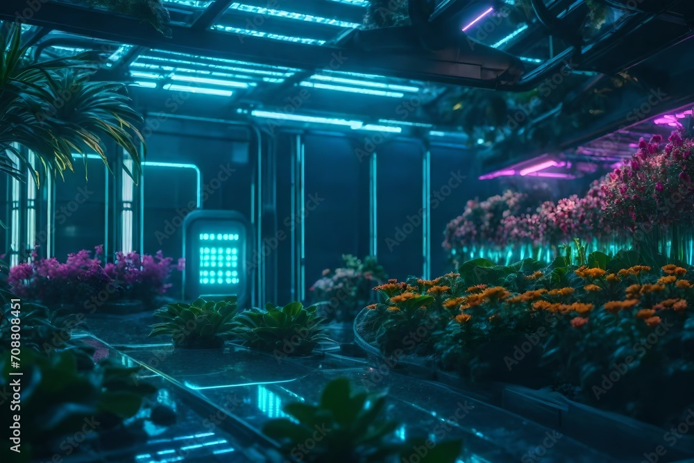 A high-tech greenhouse on another planet, filled with alien plants of ...