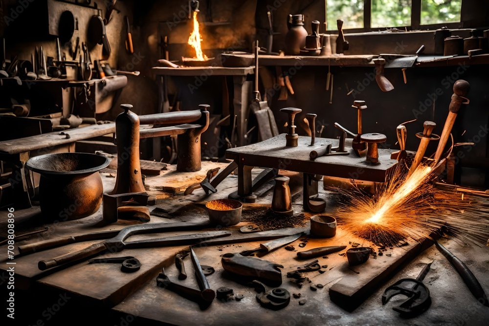 A close-up of a blacksmith's workbench, with metal tools, glowing ...
