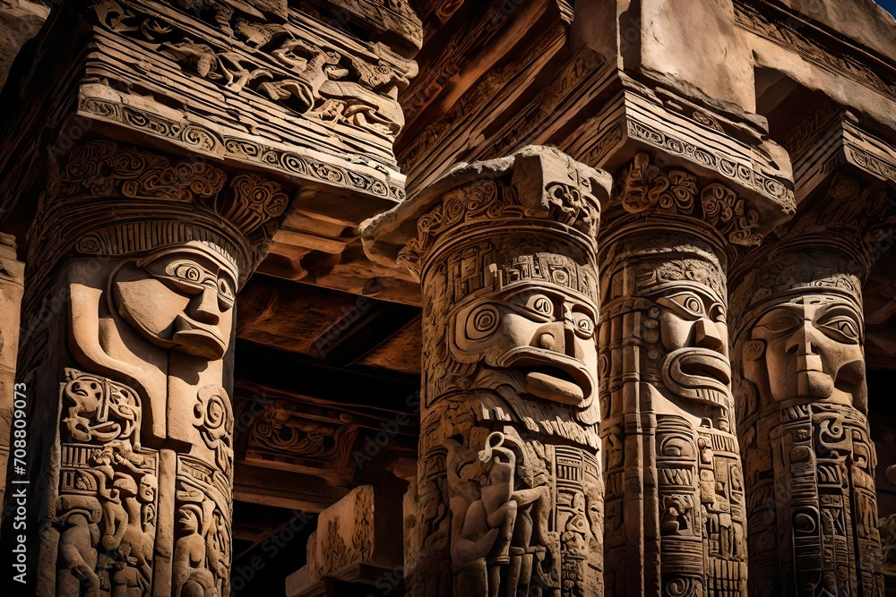 The intricate carvings on an ancient stone pillar, depicting mythical ...