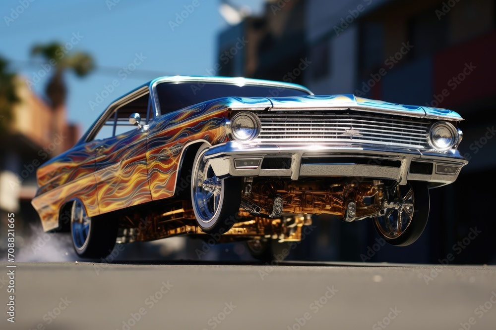 Classic Lowrider Car with Custom Flame Paint Job on the Street Stock ...