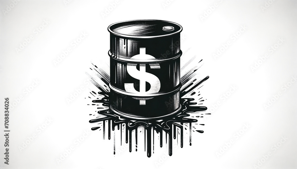 Black and white sketch of a black oil barrel with a dollar sign and ...