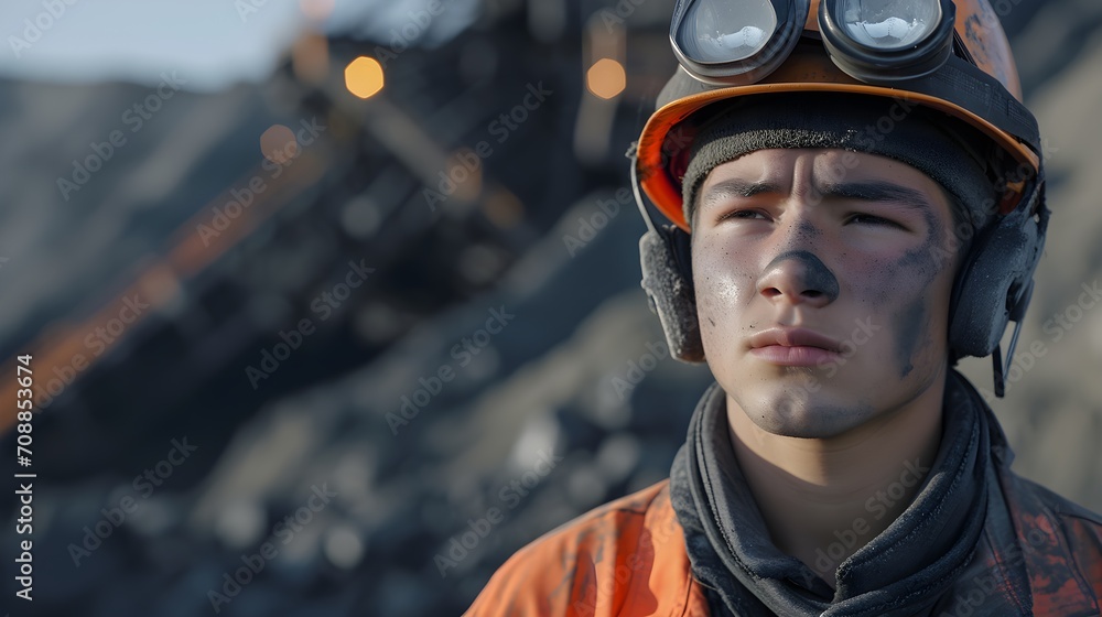 A young miner with a reflective gaze, helmet and goggles on, stands ...
