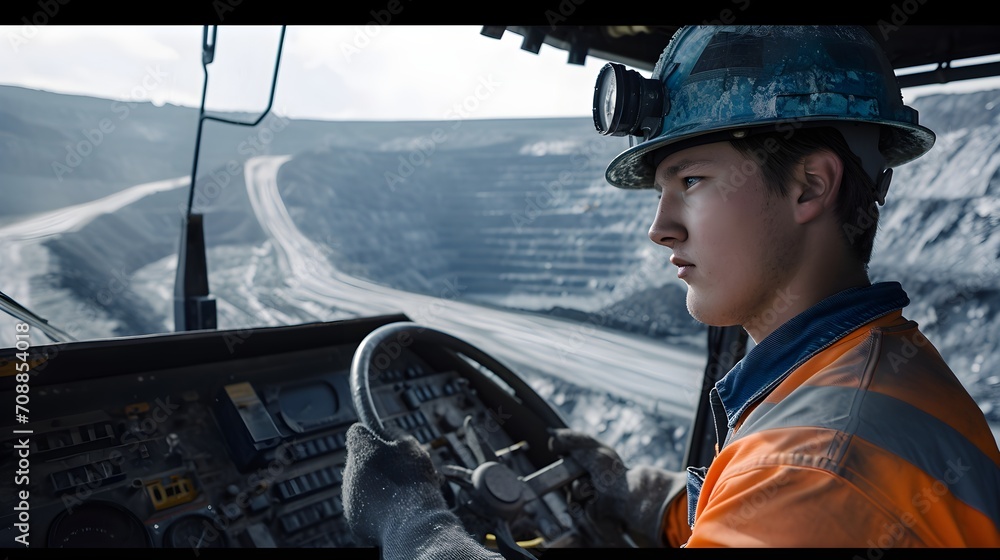 A miner operating a large mining truck, overlooking a vast open-pit ...