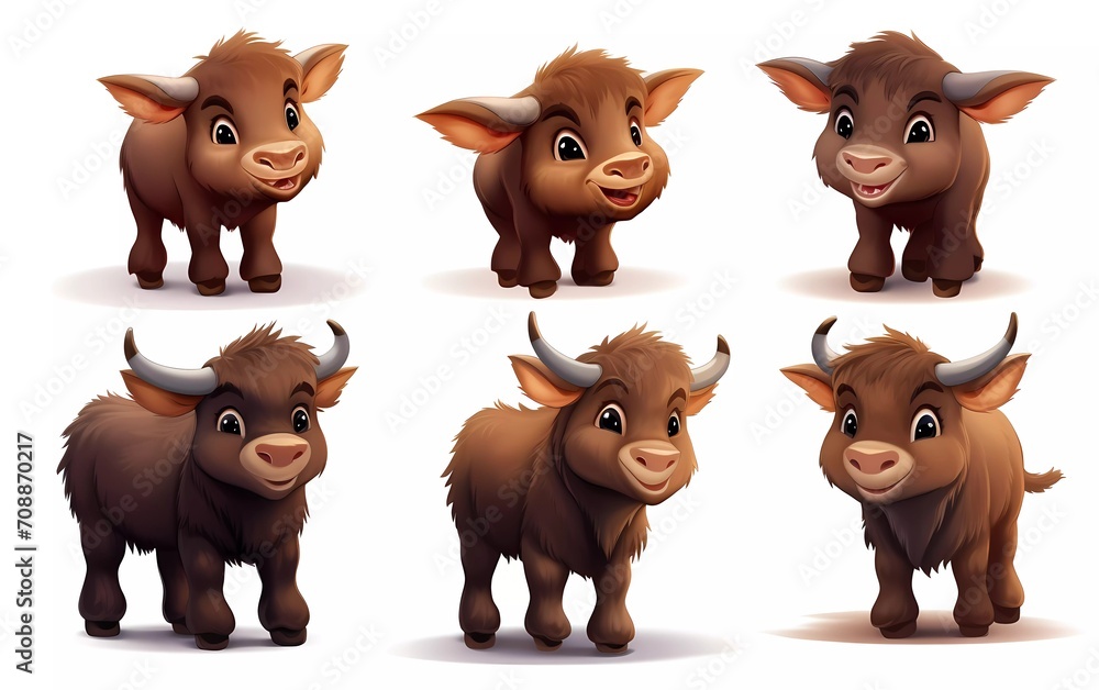 collection of 3d illustrations of cute cartoon buffalo calves, in ...