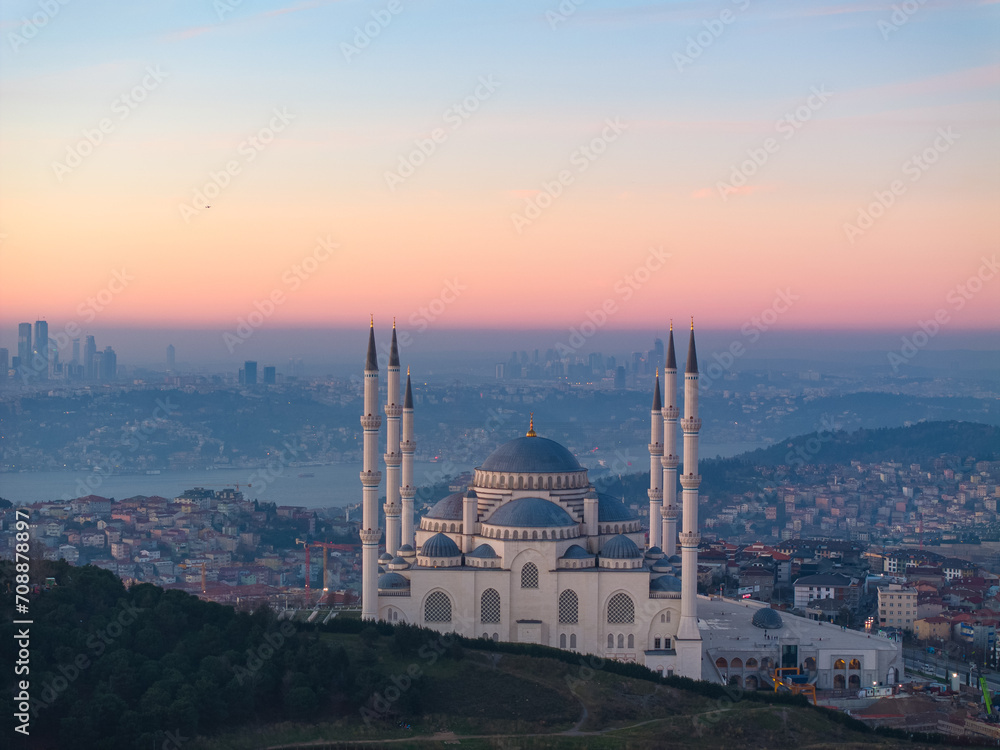 Mosque in Sunset Drone Photo, Camlica Mosque Uskudar, Istanbul Turkiye ...