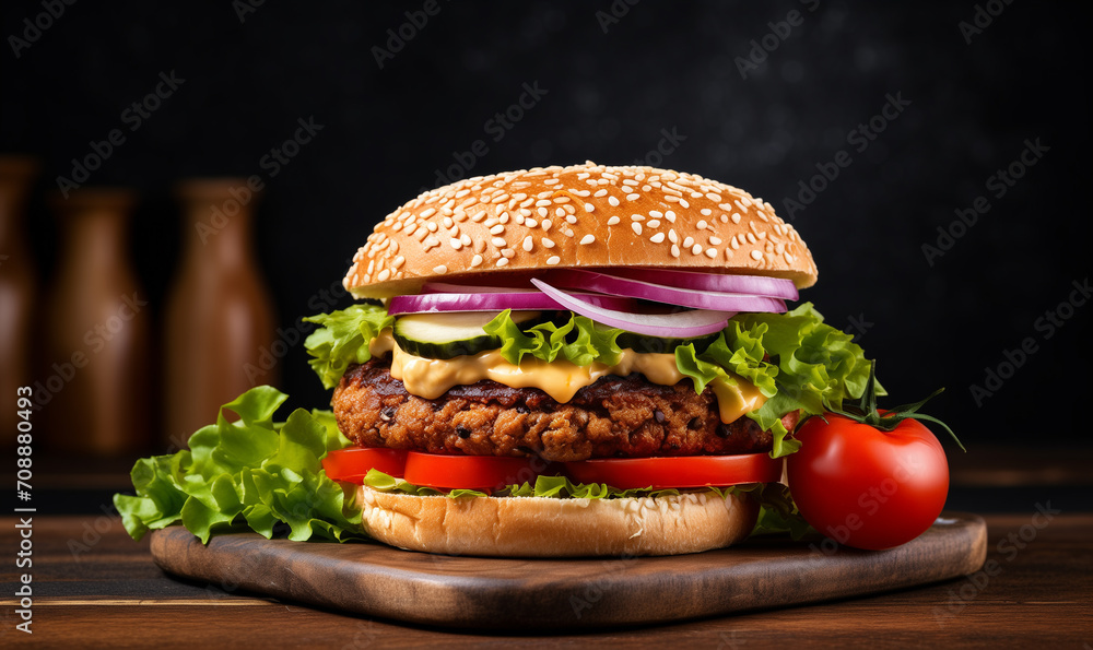 Burger on wooden table with dark bar background. Fast food meal. Grill ...