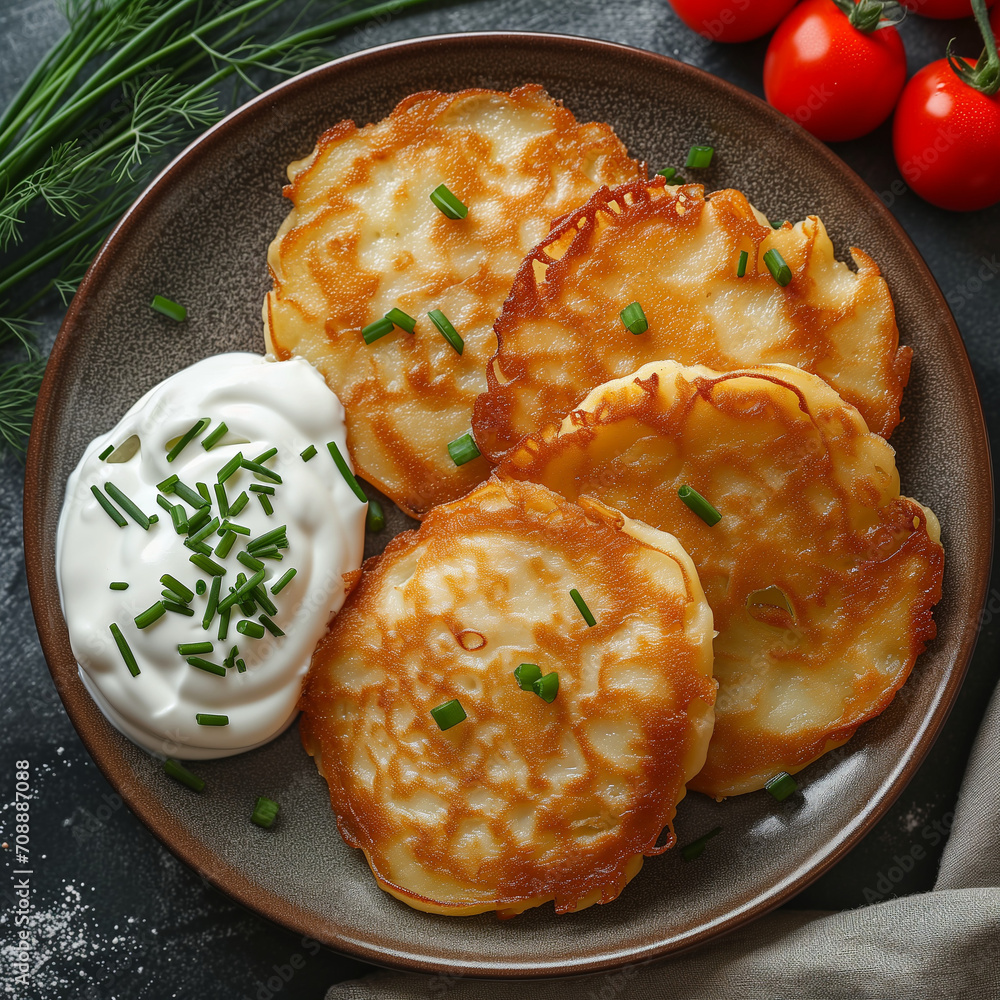 Deruny (potato pancakes), crispy and golden, served with sour cream and ...