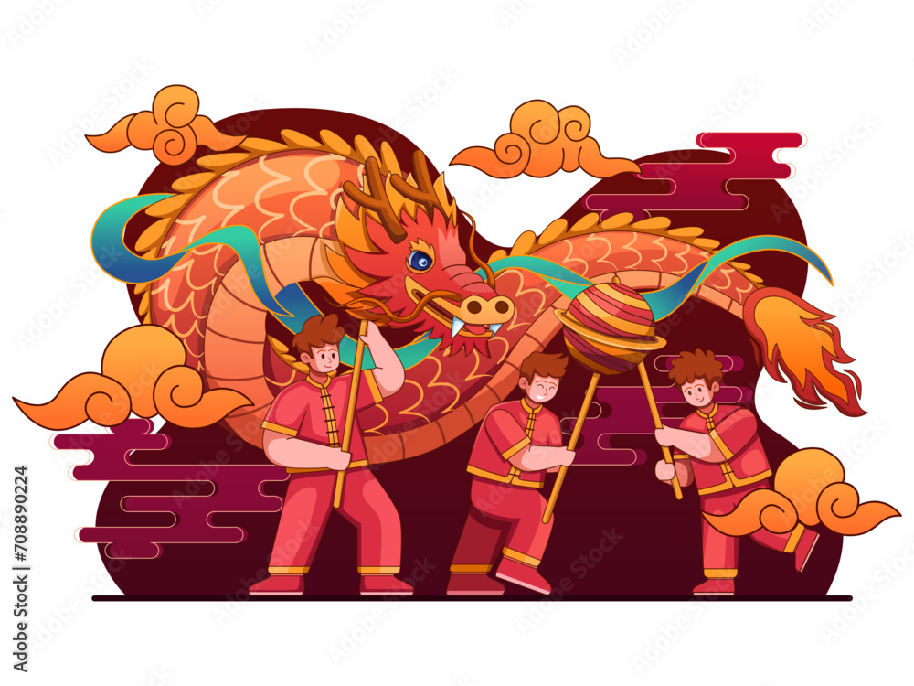A Group of People together to perform a traditional dragon dance. This ...