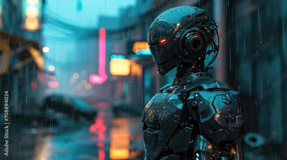 Dramatic portrait of a futuristic humanoid robot cyborg with a slick ...
