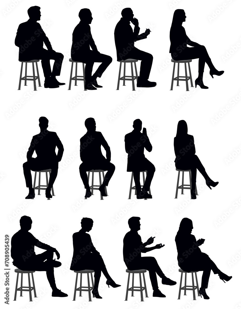 people sitting silhouette. Collection or set of people sitting on stool ...