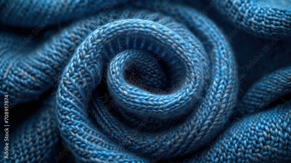 a close up view of a blue knitted fabric with a circular hole in the ...