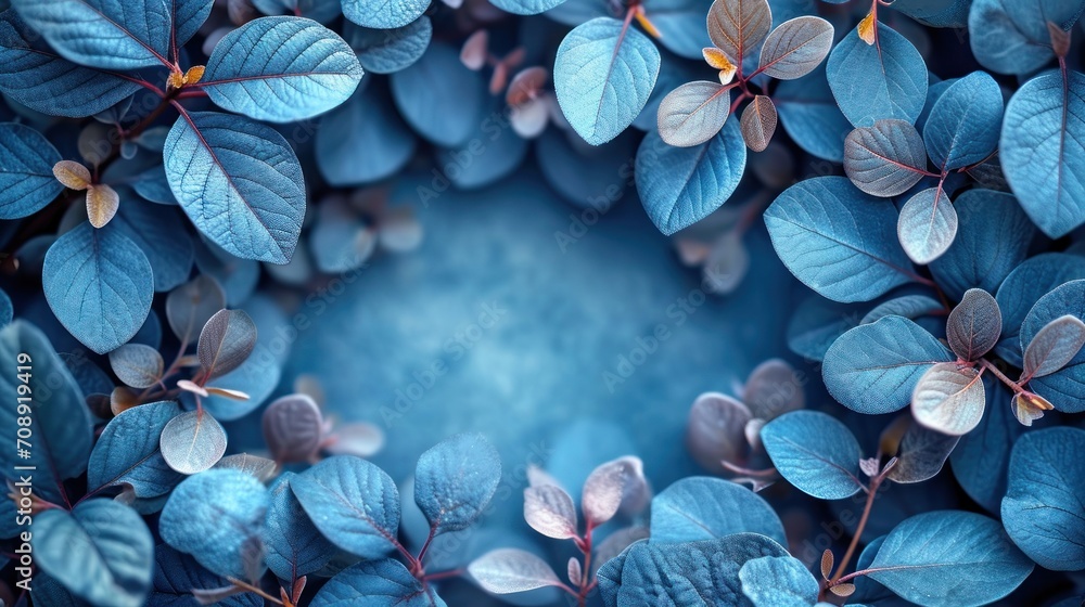 a circular picture of blue leaves with a blue circle in the middle of ...