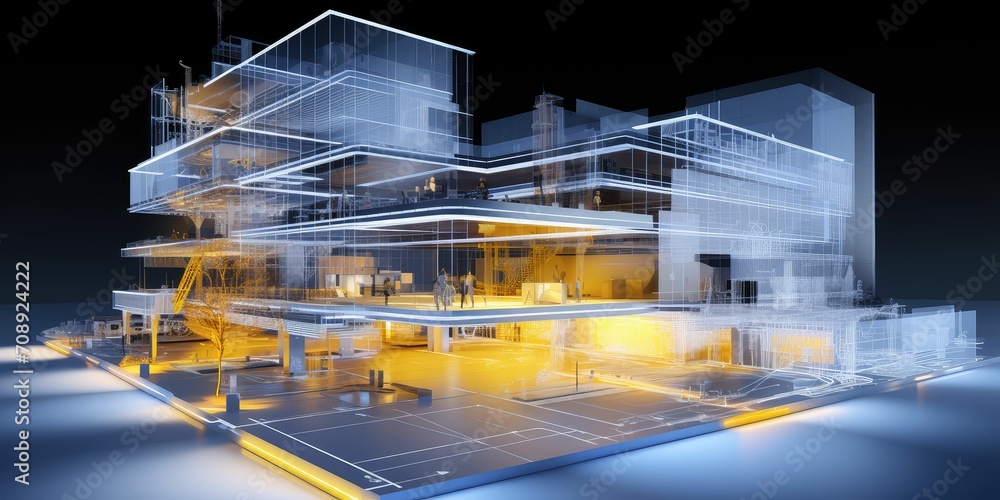 BIM Building Information Modeling concept. Touching on 3D digital model ...